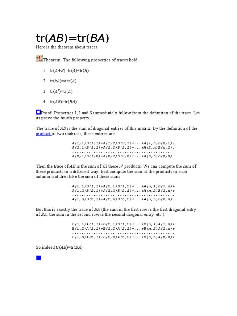 Proof Trace (Ab) Trace (Ba) | PDF | Matrix (Mathematics) | Functions ...