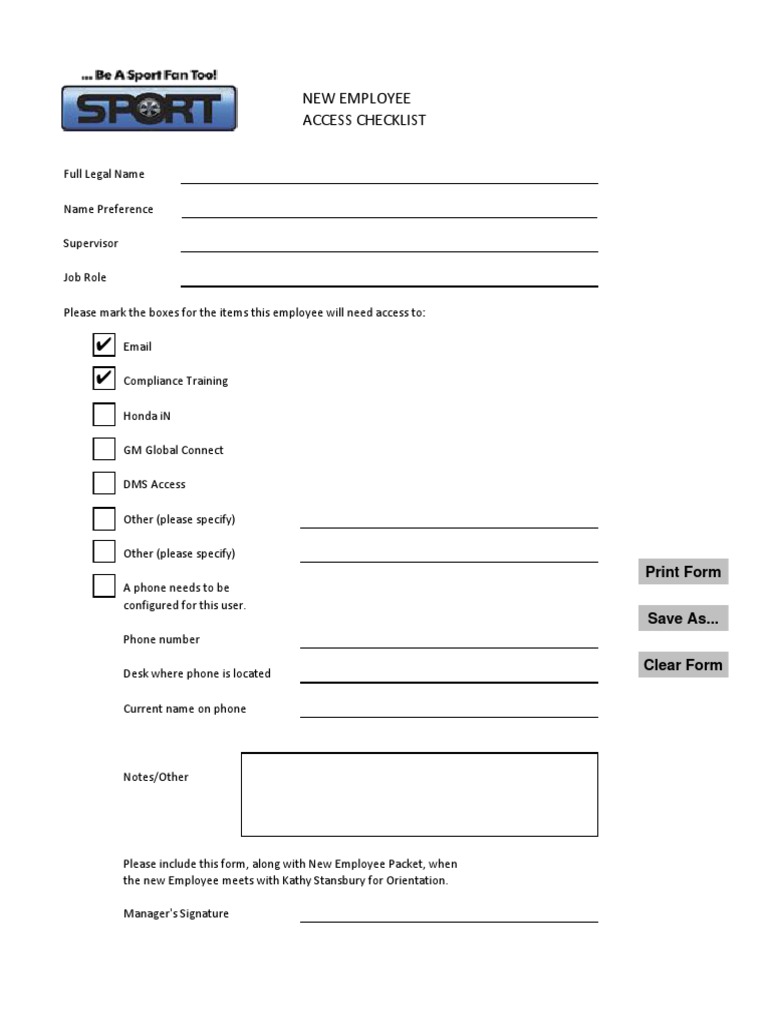 New Employee Access Checklist: Print Form | PDF