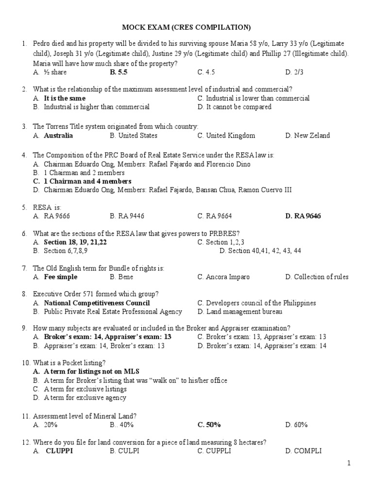 Mock Exam (CRES Compilation): Analyzing Questions Regarding Property ...