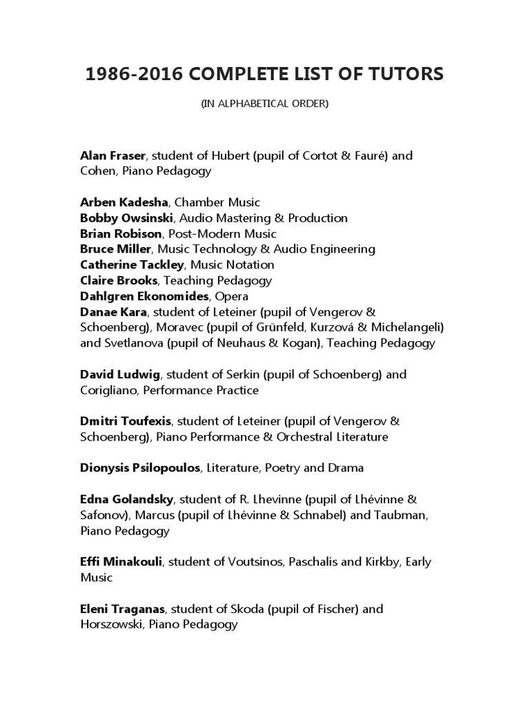 1986-2016 Complete List of Tutors | PDF | Classical Music | Classical ...