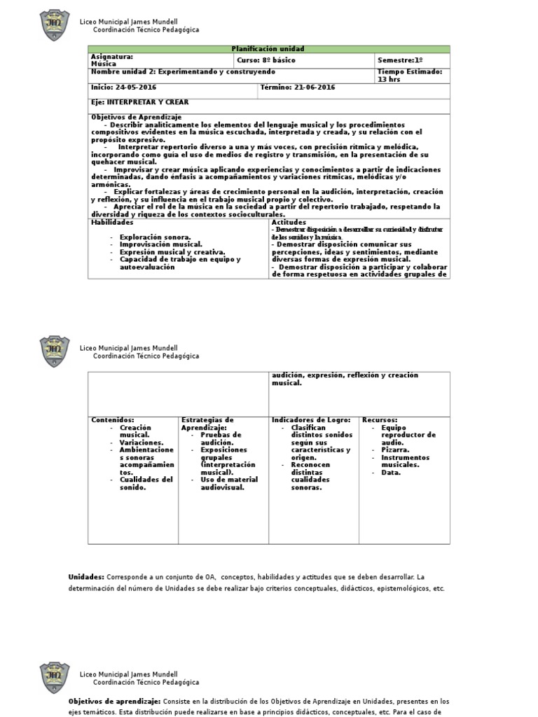 Planificación Unidad 3 Octavo Año | PDF | Sonido | Aprendizaje