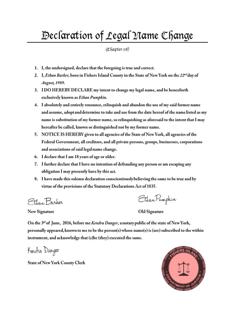 Declaration of Legal Name Change: (Chapter 98) | PDF
