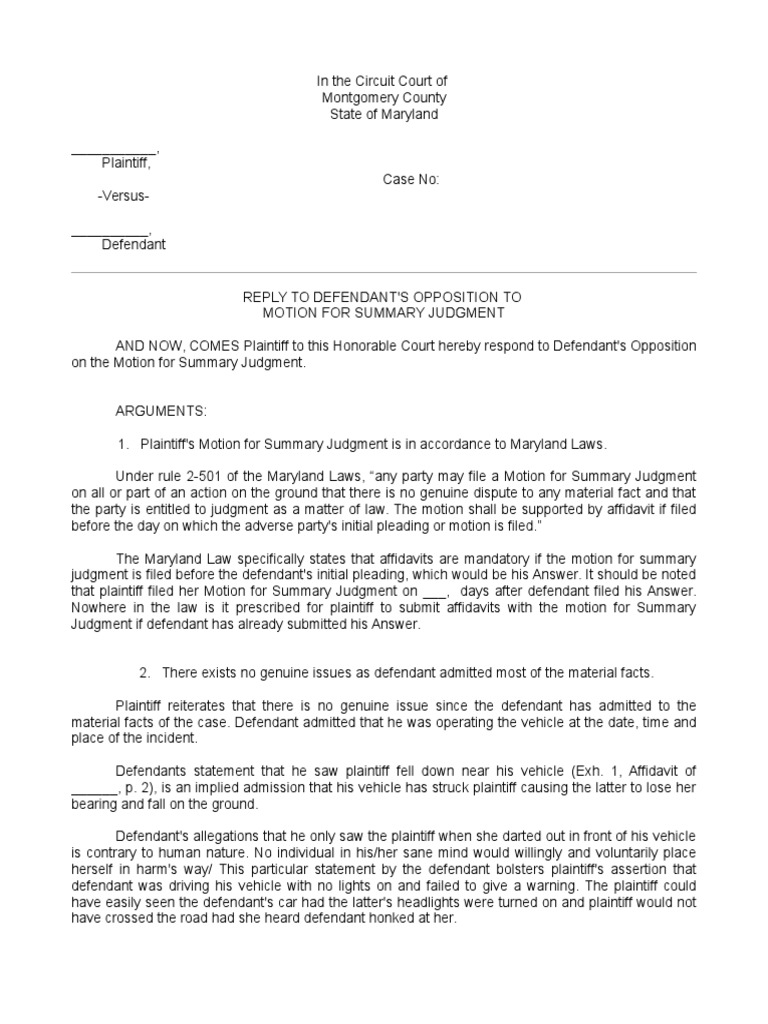 Reply to Opposition | Summary Judgment | Negligence