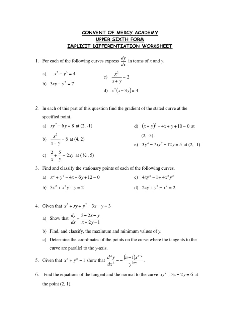 Implicit Differentiation Worksheet | PDF | Tangent | Derivative