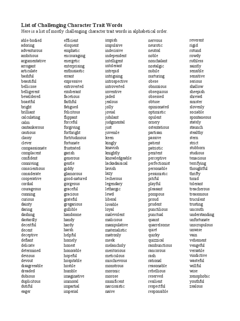 Character Trait Word List | PDF