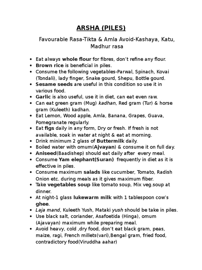 Arsha (Piles) : Favourable Rasa-Tikta & Amla Avoid-Kashaya, Katu ...