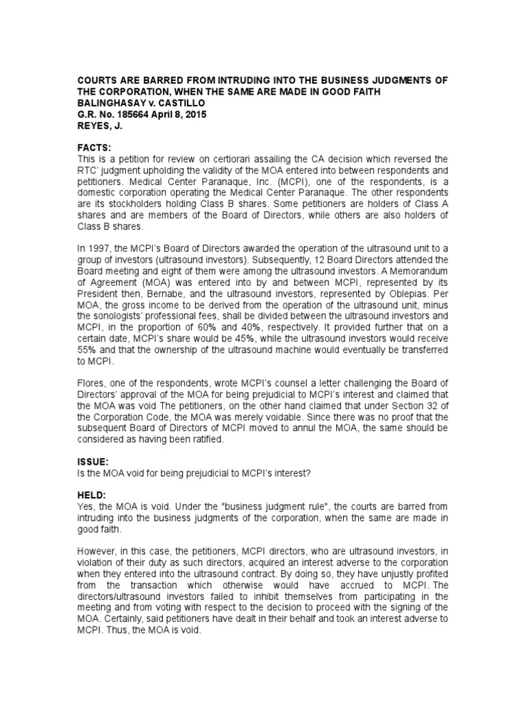 Balinghasay V Castillo | PDF | Board Of Directors | Business Law