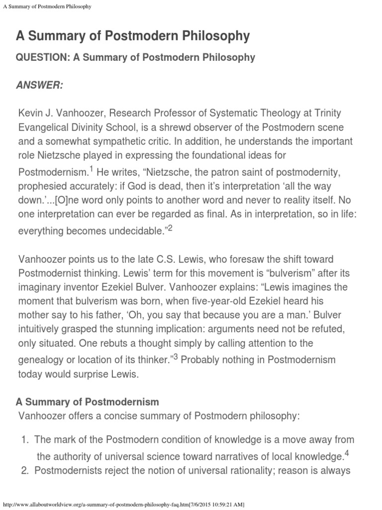 A Summary of Postmodern Philosophy | PDF | Postmodernism | Knowledge