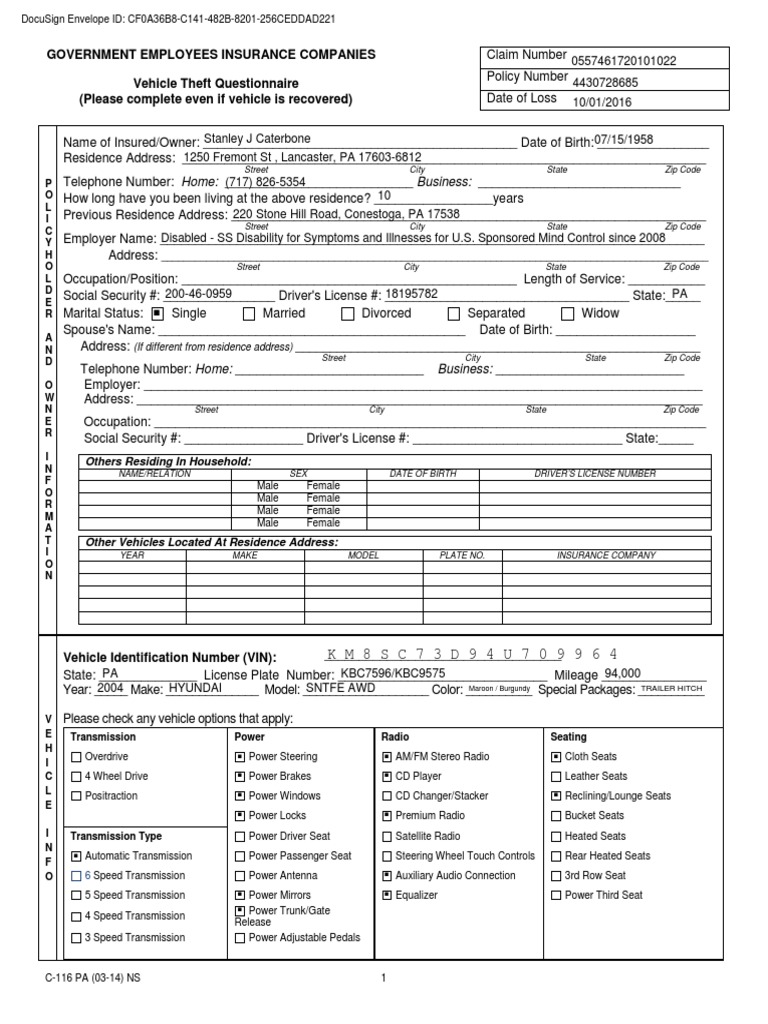 GEICO Vehicle Use Questionnaire Form | PDF | Fraud | Theft