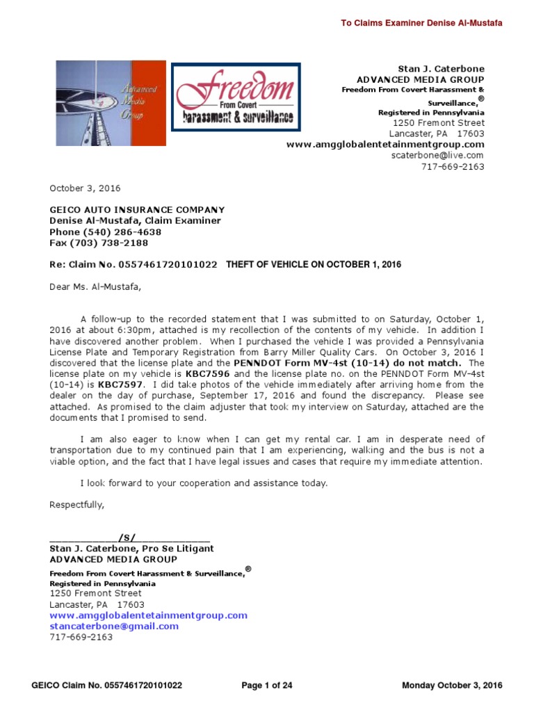 DOCUMENTS and Letter To Denise Al-Mustafa, Claims Examiner, GEICO ...