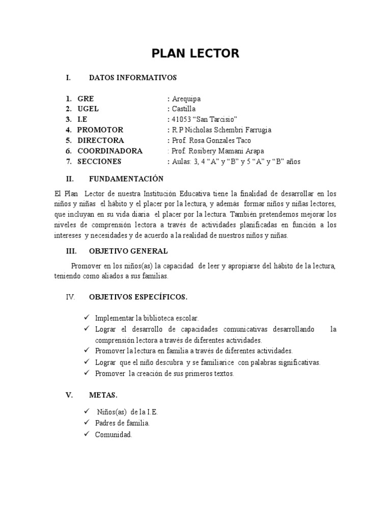Plan Lector Inicial | PDF | Lectura (proceso) | Comprensión lectora
