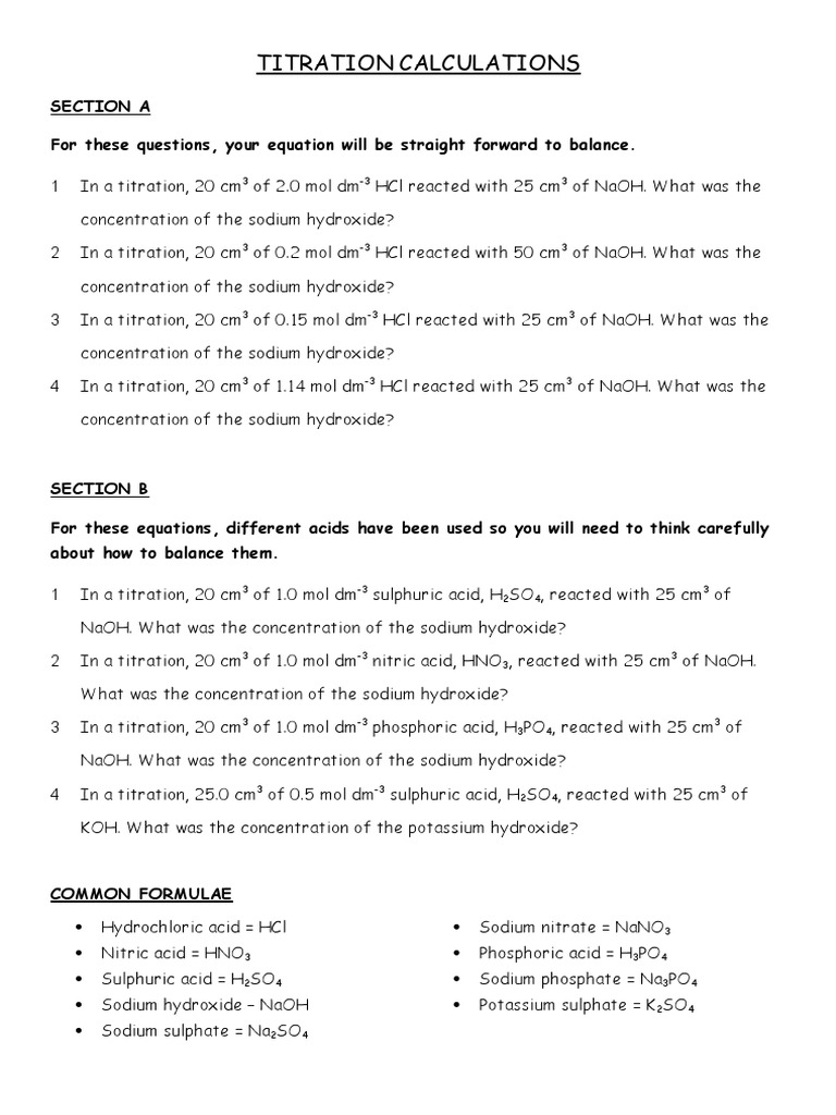 Titrations Calculations Questions | PDF | Sodium Hydroxide | Hydrochloric Acid