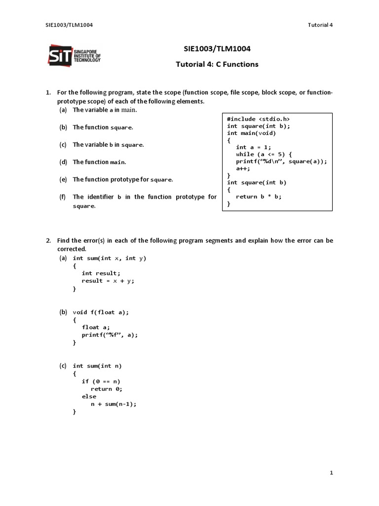 Tutorial 4 - C Functions | PDF | Scope (Computer Science) | Exponentiation