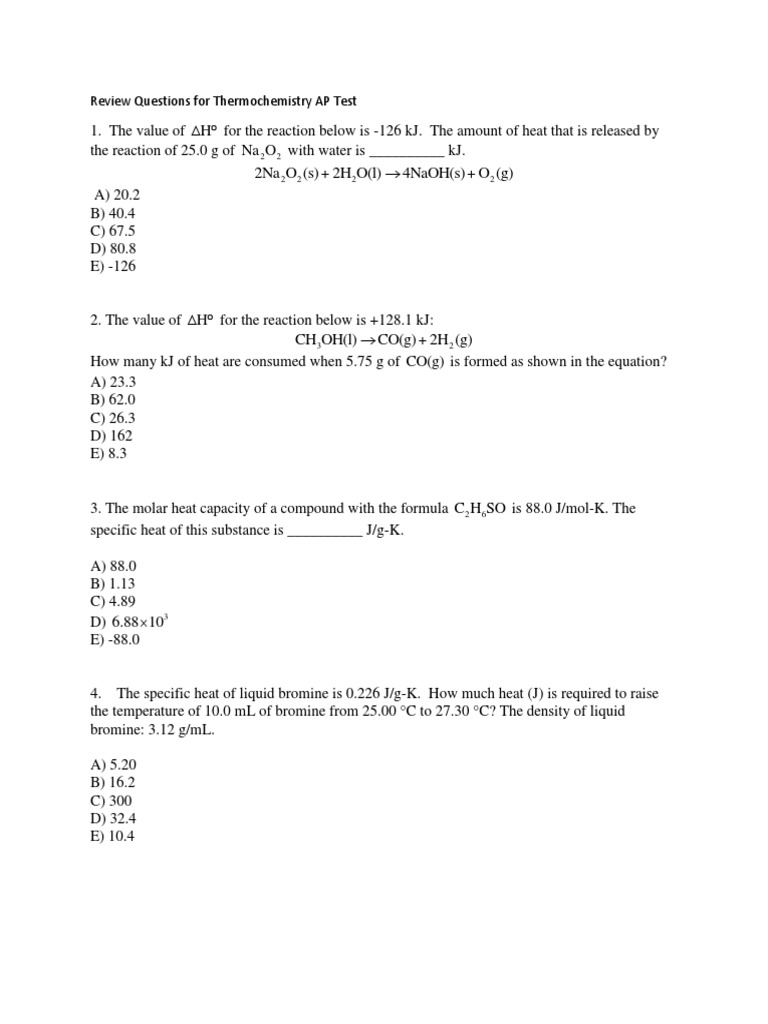 Review Questions For Thermochemistry AP Test | PDF