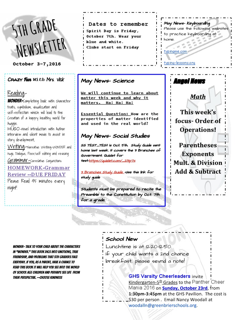5th Grade Weekly Newsletter Update | PDF