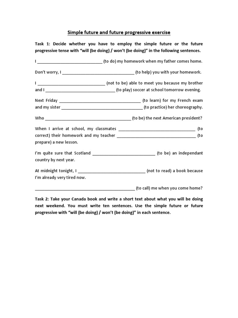 Simple Future and Future Progressive Exercise | PDF