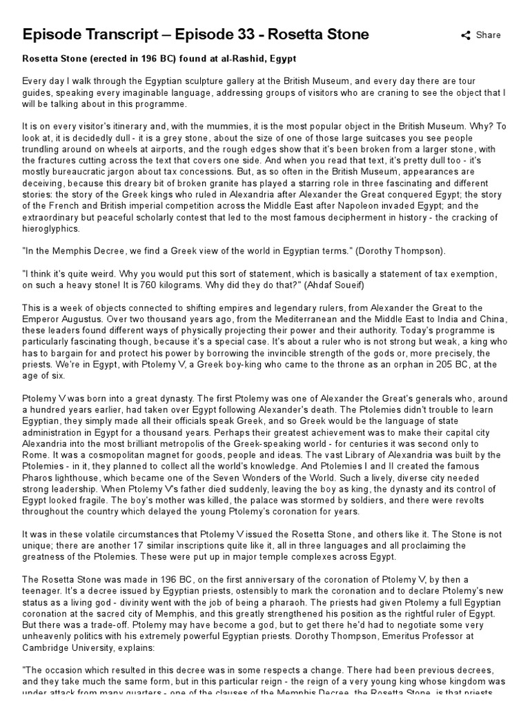 BBC Radio 4 - A History of The World in 100 Objects, Empire Builders (300 BC - 1 AD), Rosetta ...