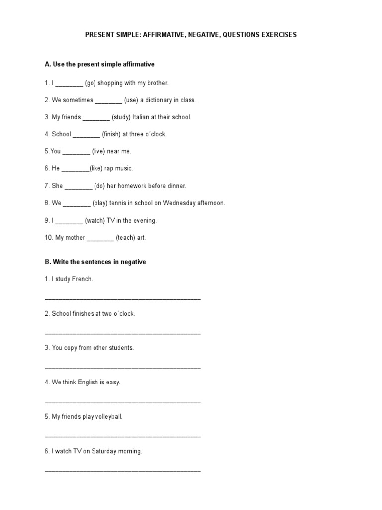 Present Simple: Affirmative, Negative, Questions Exercises