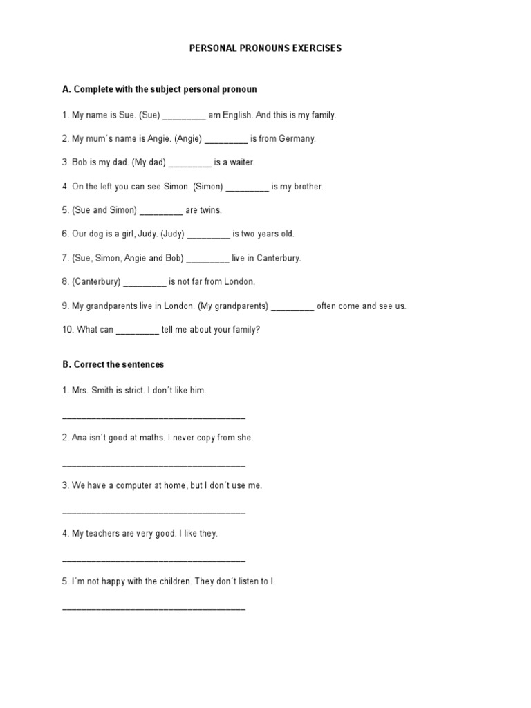 Personal Pronouns Practice Exercises | PDF | Leisure