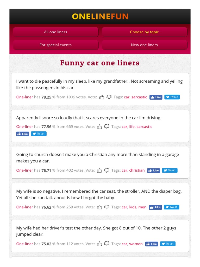 26 Car One Liners - Funniest Car Jokes - OneLineFun1 | PDF