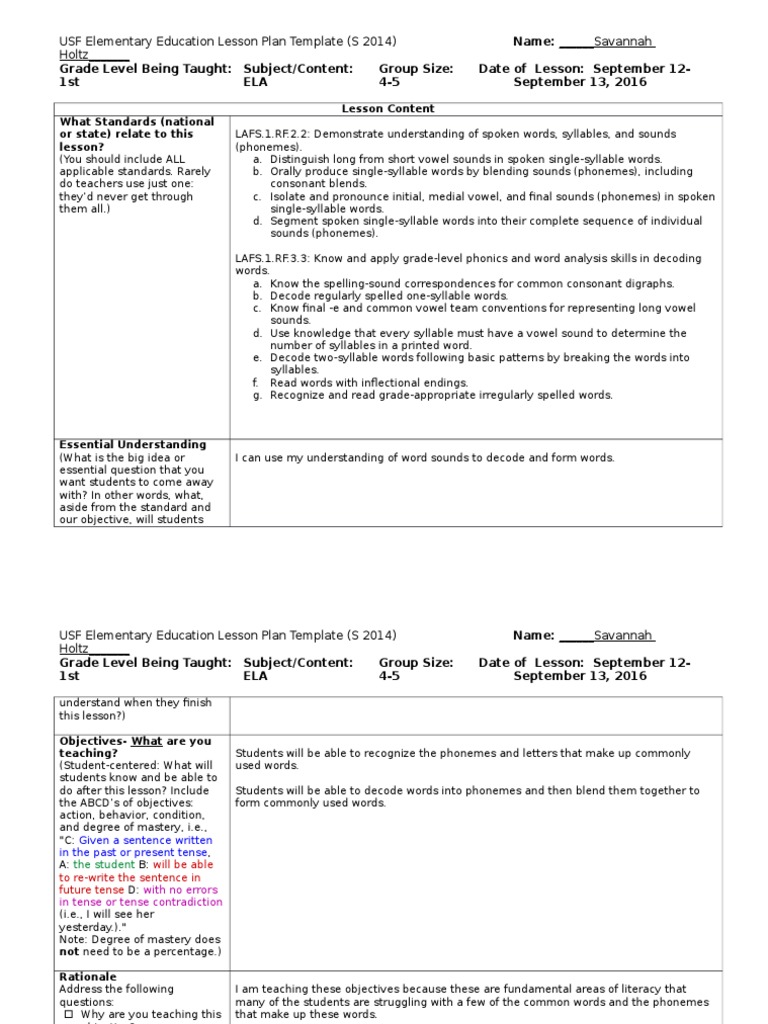 USF Elementary Education Lesson Plan Template (S 2014) Holtz | PDF ...