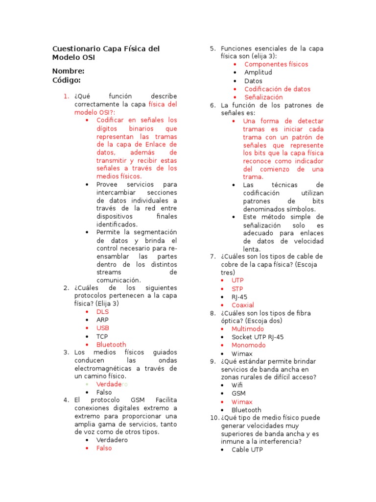 Cuestionario Capa Física Del Modelo OSI | PDF