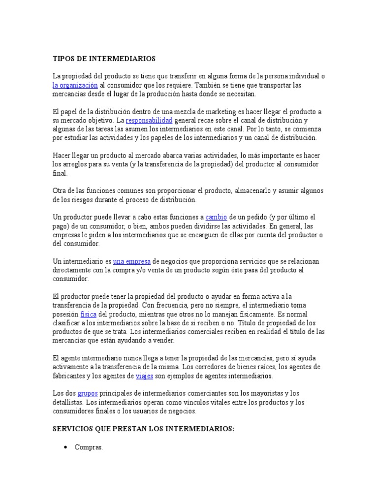 INTERMEDIARIOS Tipos y Beneficios | PDF | Distribución (comercial ...