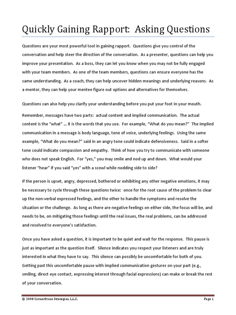 Gaining Rapport Questions | PDF | Conversation | Body Language