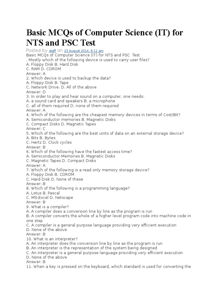 Basic Mcqs of Computer Science (It) For Nts and PSC Test: Posted by On ...