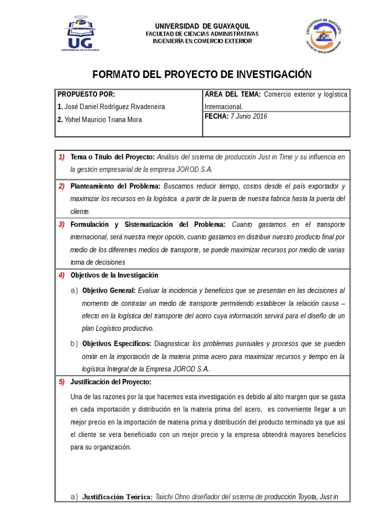 Formato Del Anteproyecto de Investigación Pregrado 2016 | Logística | Teoría