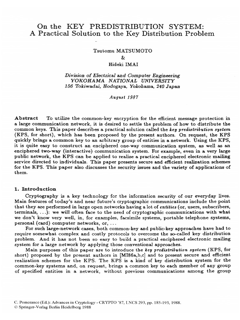 On The Key Predistribution System: Practical Solution To The ...