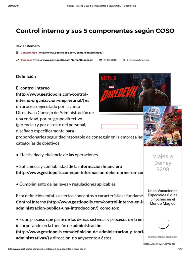 Control Intcontrerno y Sus 5 Componentes Según COSO - GestioPolis | PDF ...