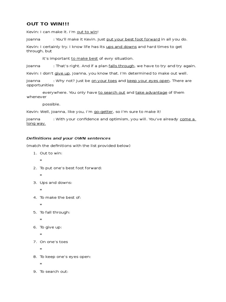 Out To Win!!!: Definitions and Your OWN Sentences | PDF