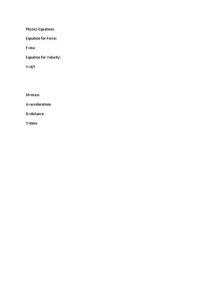 Physics Equations Equation For Force: F Ma Equation For Velocity: V D/T ...