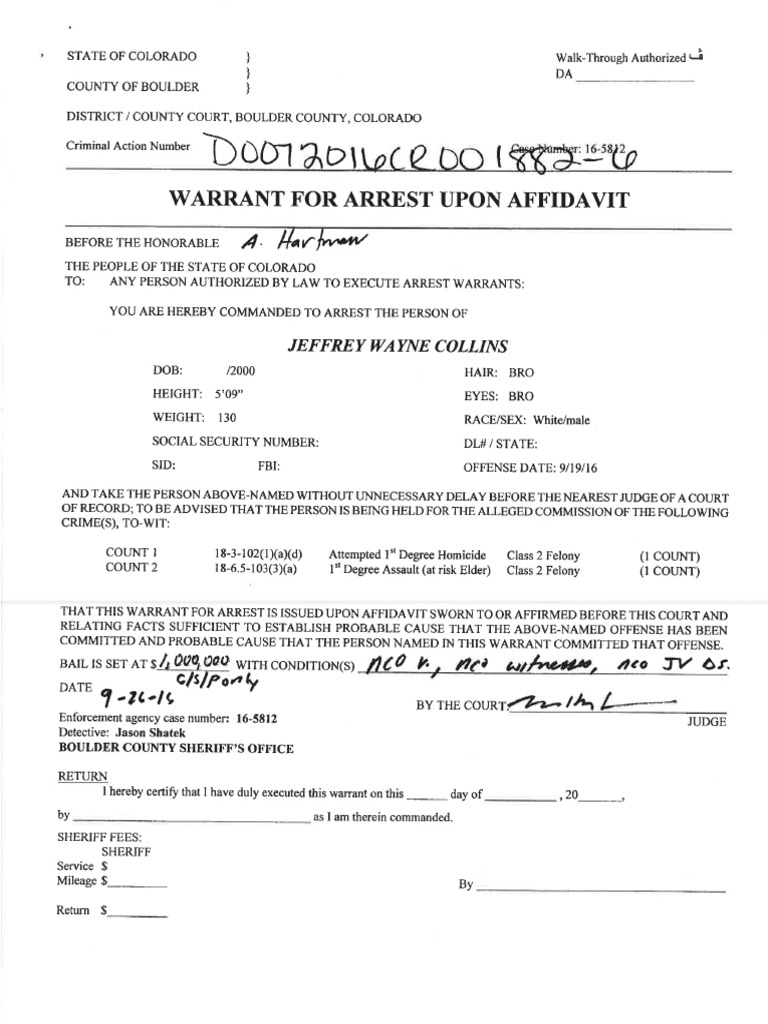 Jeffrey Collins Arrest-Warrant Affidavit | PDF