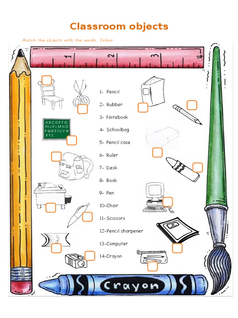 Classroom Objects: Match The Objects With The Words. Colour | PDF