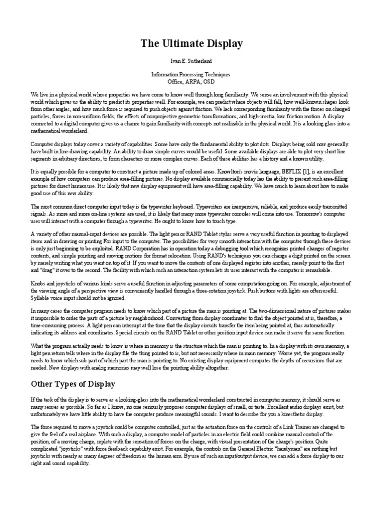 The Ultimate Display by Ivan Sutherland | PDF | Virtual Reality | Senses