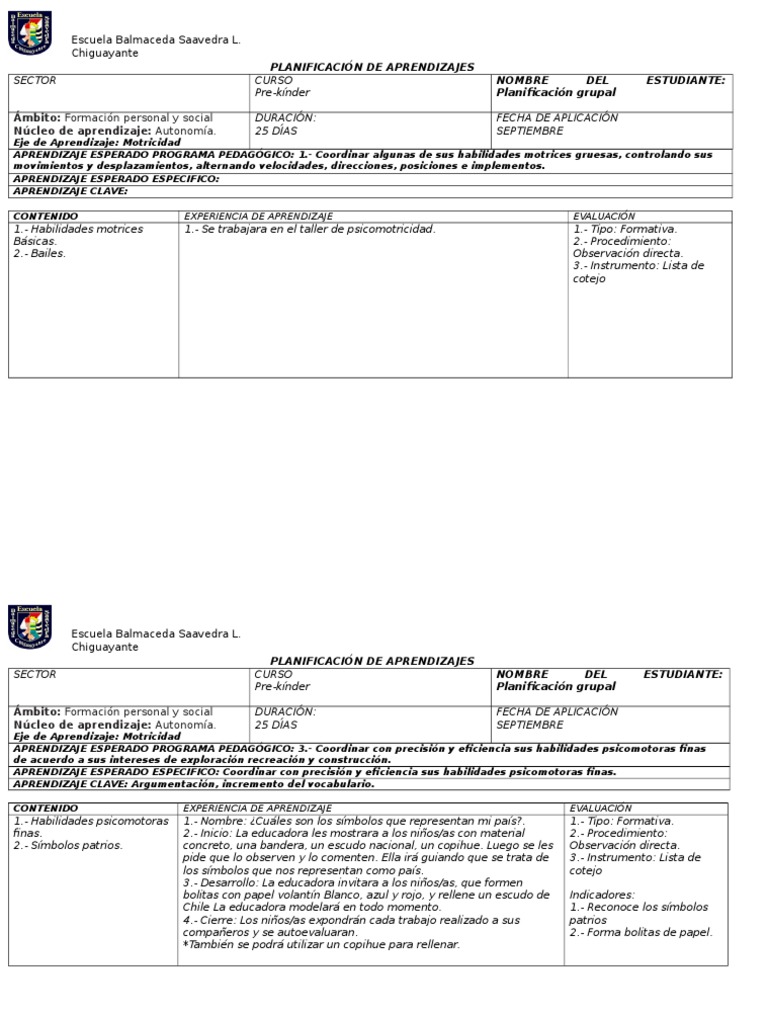 Planificación Septiembre Pre-kínder | PDF | Lectura (proceso ...
