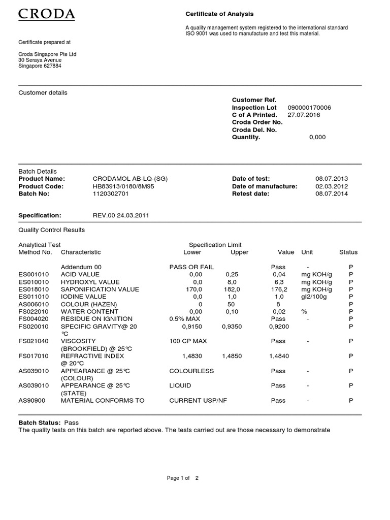 Certificate of Analysis for Crodamol AB-LQ-(SG) Batch 1120302701 | PDF