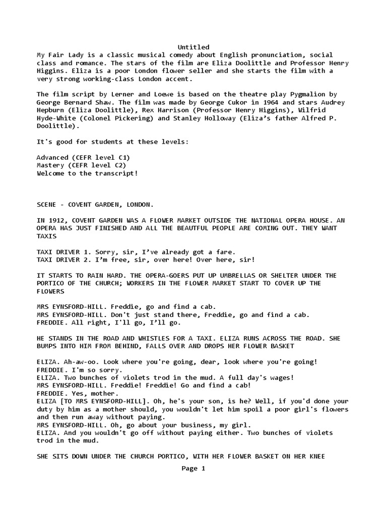 My Fair Lady - Script | PDF | Pygmalion (Play) | Theatre
