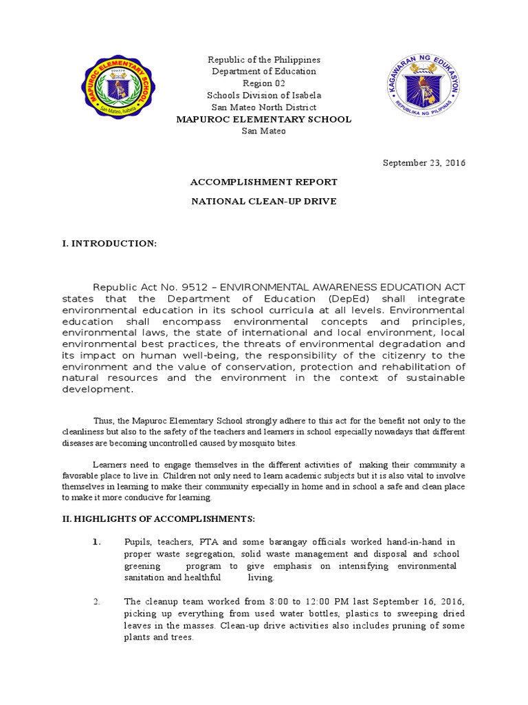 Accomplishment Report Clean-up Drive 2016 | Environmental Law | Natural ...