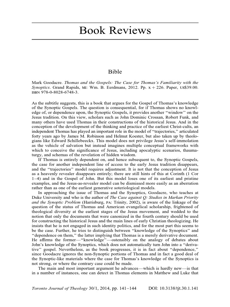 Koppenborg's Review of Mark Goodacre's Thomas and The Gospels: The Case ...