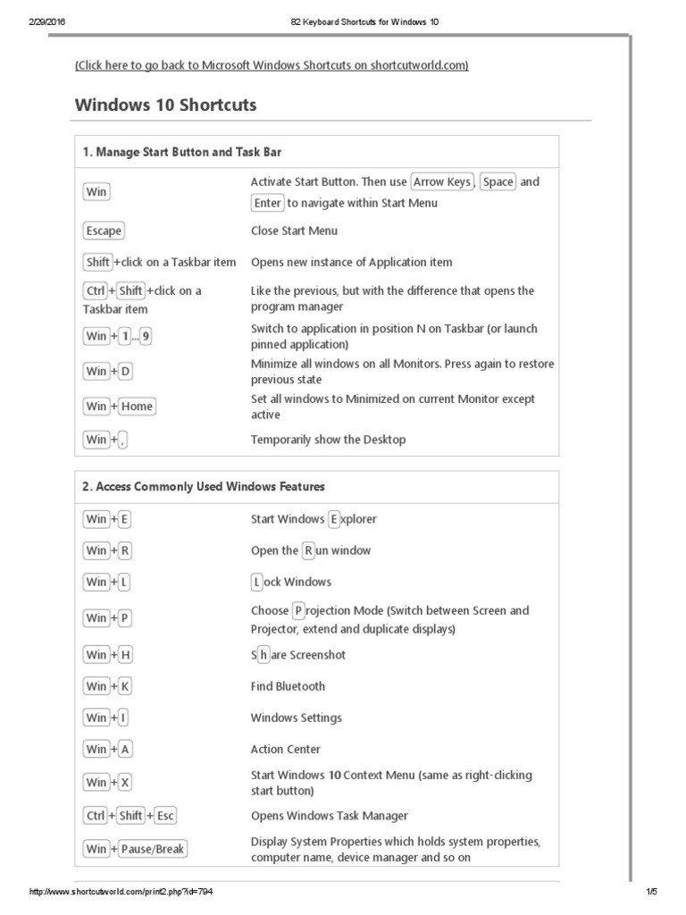 82 Keyboard Shortcuts For Windows 10 | PDF | Computer Keyboard | Windows 10