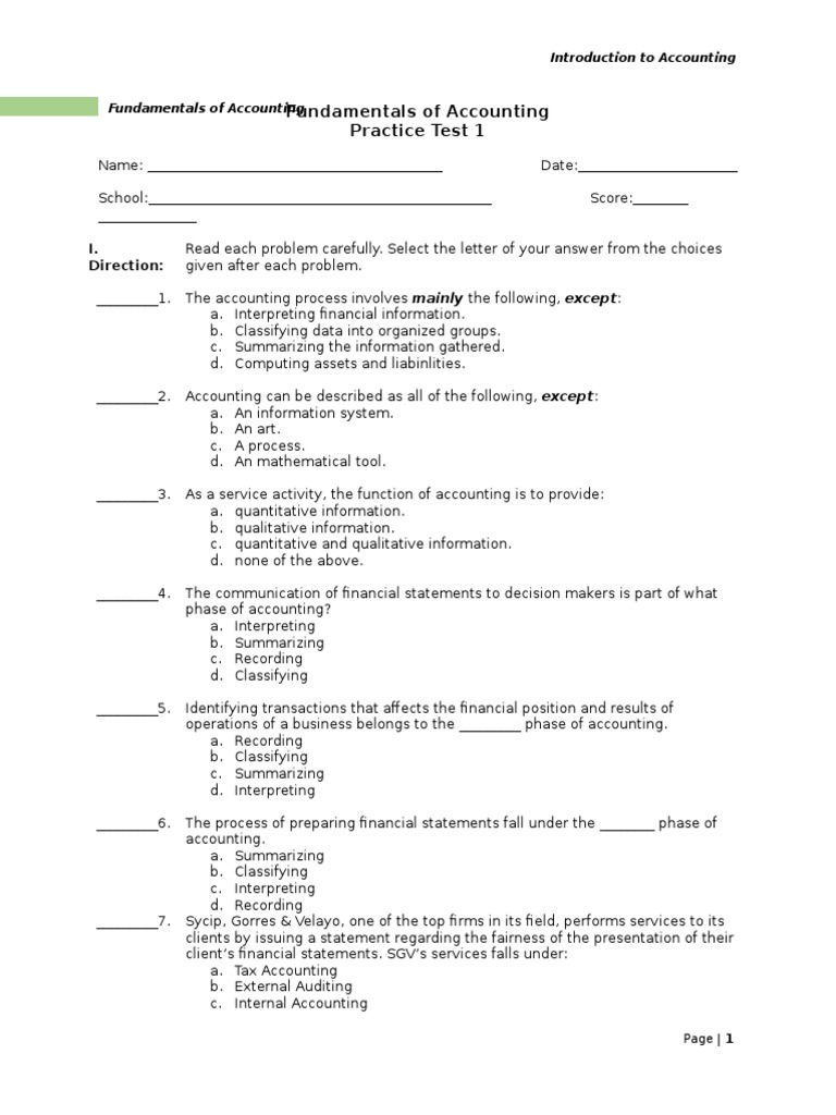 Accounting Fundamentals Practice Test | PDF | Financial Statement ...
