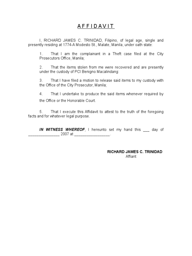 Affidavit: IN WITNESS WHEREOF, I Hereunto Set My Hand This - Day of | PDF