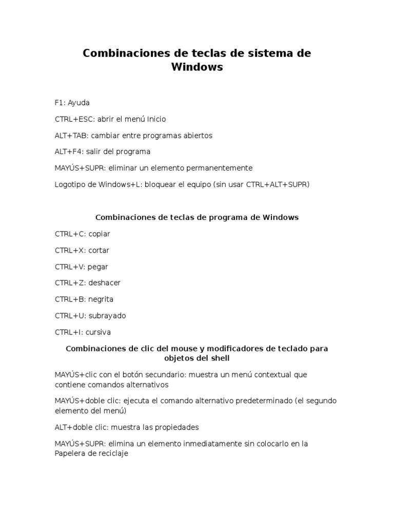 Combinaciones de Teclas de Sistema de Windows | PDF | Ventana ...