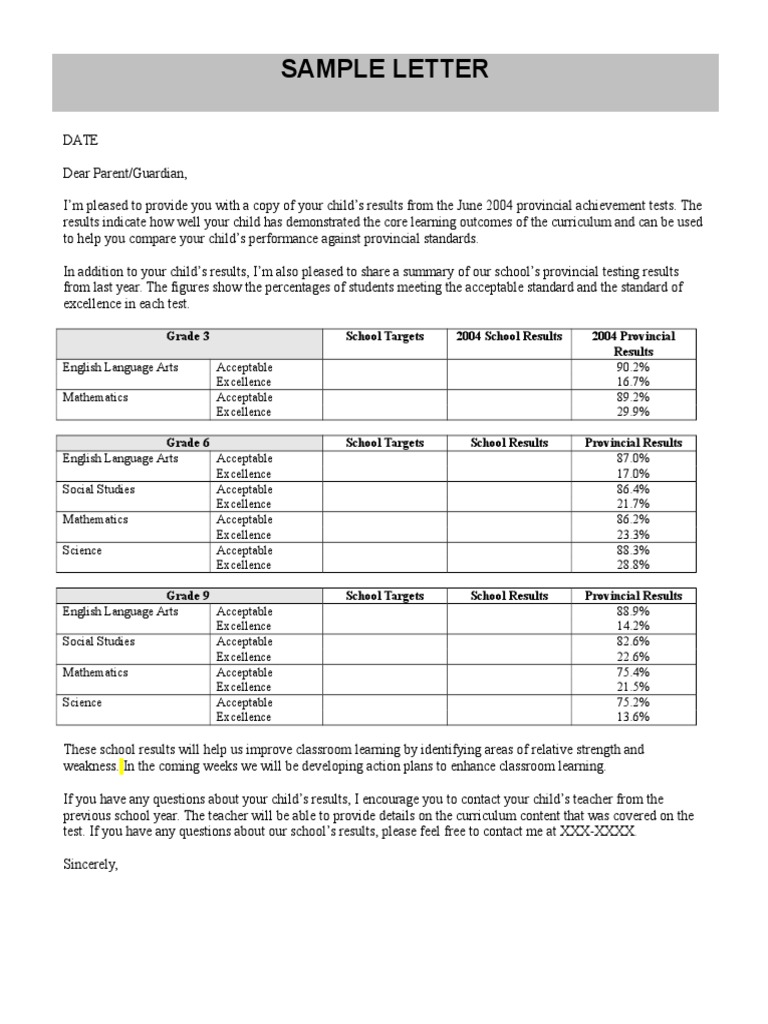Sample Letter: Grade 3 School Targets 2004 School Results 2004 ...
