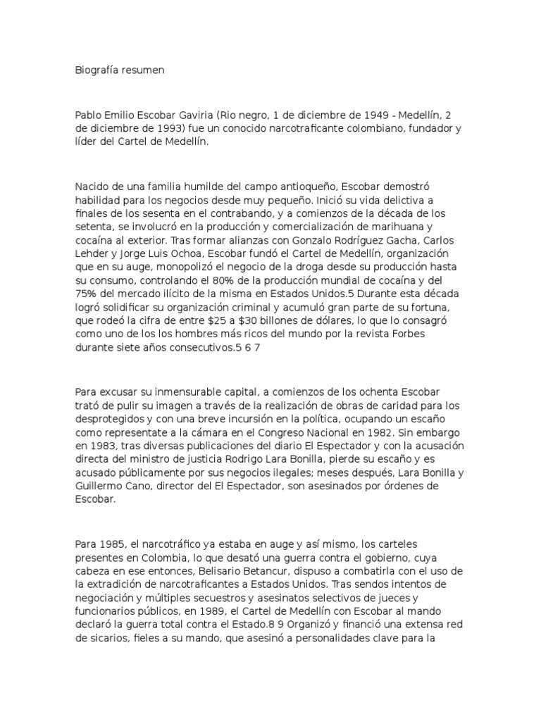 Biografía Pablo Escobar Resumen | PDF | Colombia | Thriller y crimen