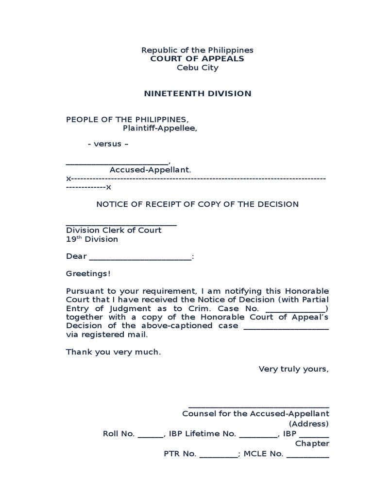 Notice of Receipt of Copy of Decision | PDF | Separation Of Powers ...