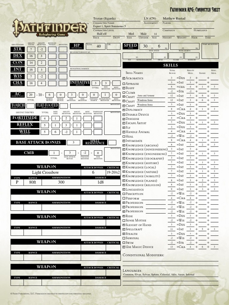 Pathfinder Characte (Tristan Sigarda) | PDF | Gaming | Role Playing Games